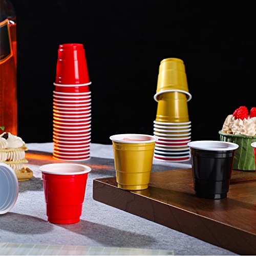 Pinkunn 600 Pcs 2 oz Plastic Shot Glasses Red Black Gold Shot Cups Disposable Plastic Cups Mini Party Cups Tasting Sample Cups for BBQ Picnic Camping Wedding Birthday Christmas Drinking Serving Snack