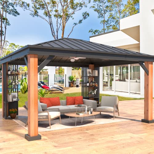 EROMMY 12' X 14' Hardtop Gazebo, Galvanized Steel Top with Wood Grain Aluminum Frame, Permanent Metal Pavilion with Three-Layer Storage Shelves for Patio, Backyard, Deck and Lawns