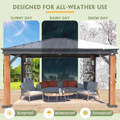 EROMMY 12' X 14' Hardtop Gazebo, Galvanized Steel Top with Wood Grain Aluminum Frame, Permanent Metal Pavilion with Three-Layer Storage Shelves for Patio, Backyard, Deck and Lawns