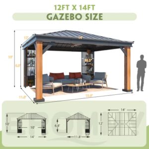 EROMMY 12' X 14' Hardtop Gazebo, Galvanized Steel Top with Wood Grain Aluminum Frame, Permanent Metal Pavilion with Three-Layer Storage Shelves for Patio, Backyard, Deck and Lawns