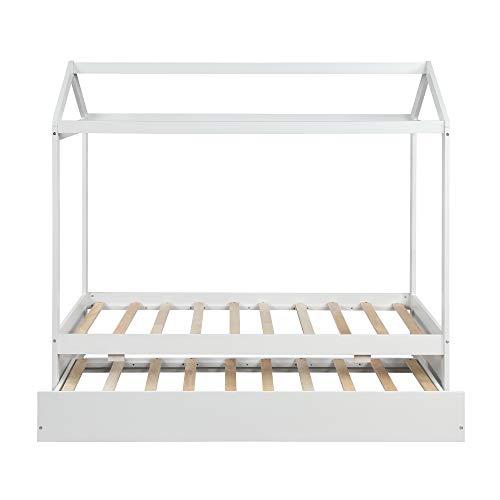 Lostcat Twin Size House Bed with Trundle, Solid Pine Wood Bed Frame and Roof Design, Can be Decorated, for Kids, Girls and Boys, No Box Spring Need, Easy to Assemble, White