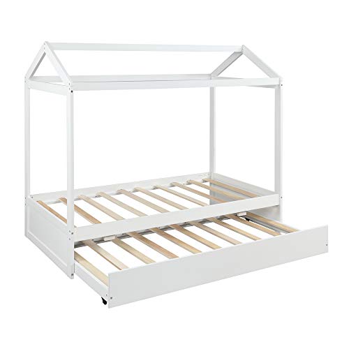 Lostcat Twin Size House Bed with Trundle, Solid Pine Wood Bed Frame and Roof Design, Can be Decorated, for Kids, Girls and Boys, No Box Spring Need, Easy to Assemble, White