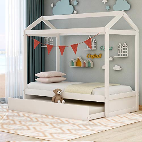 Lostcat Twin Size House Bed with Trundle, Solid Pine Wood Bed Frame and Roof Design, Can be Decorated, for Kids, Girls and Boys, No Box Spring Need, Easy to Assemble, White