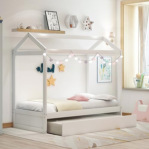 Lostcat Twin Size House Bed with Trundle, Solid Pine Wood Bed Frame and Roof Design, Can be Decorated, for Kids, Girls and Boys, No Box Spring Need, Easy to Assemble, White