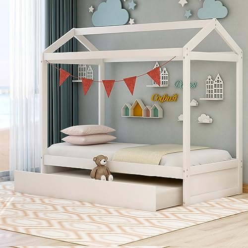 Lostcat Twin Size House Bed with Trundle, Solid Pine Wood Bed Frame and Roof Design, Can be Decorated, for Kids, Girls and Boys, No Box Spring Need, Easy to Assemble, White