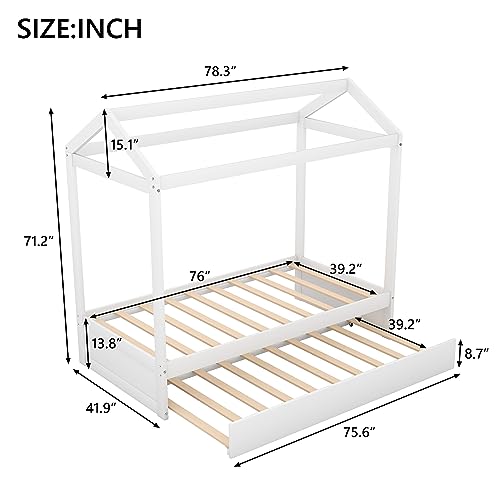 Lostcat Twin Size House Bed with Trundle, Solid Pine Wood Bed Frame and Roof Design, Can be Decorated, for Kids, Girls and Boys, No Box Spring Need, Easy to Assemble, White