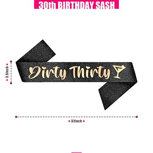 PartyForever 30th Birthday Dirty Thirty Sash Black Glitter 32 inch Long with Rose Gold Letters Dirty 30 Birthday Decorations Sash