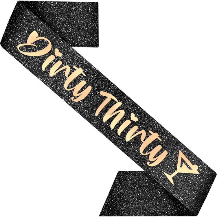 PartyForever 30th Birthday Dirty Thirty Sash Black Glitter 32 inch Long with Rose Gold Letters Dirty 30 Birthday Decorations Sash