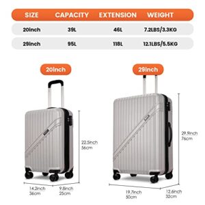 PRIMICIA GinzaTravel Luggage Sets 2 Piece Expandable Suitcases with Wheels PC+ABS Durable Hardside Luggage sets TSA lock (Silver, 2-Piece Set(20"/29"))