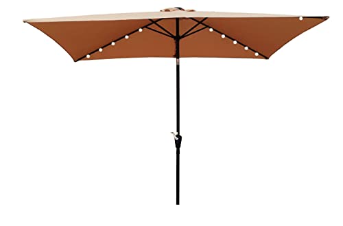 Wohh Patio Solar Umbrellas LED Lighted 10 x 6.5t Rectangular Umbrella Outdoor Market with Crank & Push Button Tilt for Garden Shade Outside Swimming Pool (Brown)