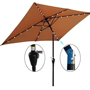 Wohh Patio Solar Umbrellas LED Lighted 10 x 6.5t Rectangular Umbrella Outdoor Market with Crank & Push Button Tilt for Garden Shade Outside Swimming Pool (Brown)