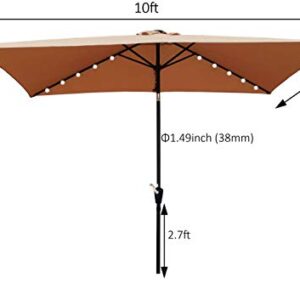 Wohh Patio Solar Umbrellas LED Lighted 10 x 6.5t Rectangular Umbrella Outdoor Market with Crank & Push Button Tilt for Garden Shade Outside Swimming Pool (Brown)