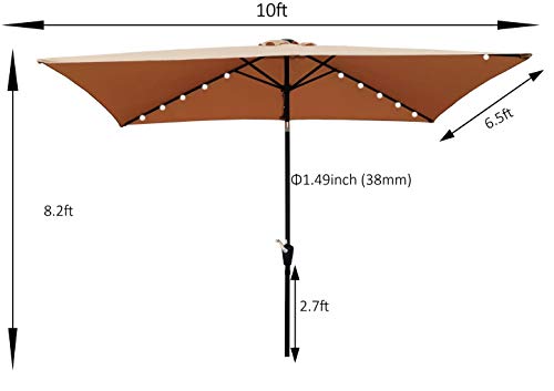 Wohh Patio Solar Umbrellas LED Lighted 10 x 6.5t Rectangular Umbrella Outdoor Market with Crank & Push Button Tilt for Garden Shade Outside Swimming Pool (Brown)