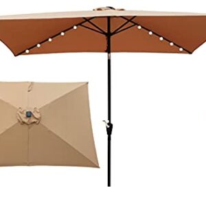 Wohh Patio Solar Umbrellas LED Lighted 10 x 6.5t Rectangular Umbrella Outdoor Market with Crank & Push Button Tilt for Garden Shade Outside Swimming Pool (Brown)