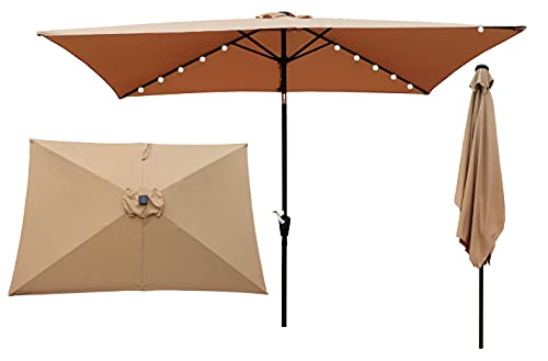 Wohh Patio Solar Umbrellas LED Lighted 10 x 6.5t Rectangular Umbrella Outdoor Market with Crank & Push Button Tilt for Garden Shade Outside Swimming Pool (Brown)