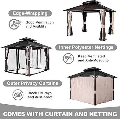 10' x 12' Gazebo, Outdoor Double Roof Canopy Hardtop Gazebo with Durable Metal Frame, Galvanized Steel Top Gazebo with Ventilation, Curtain and Netting, for Patio, Backyard, Deck and Lawns