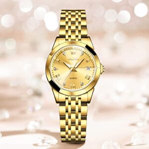 OLEVS Womens Watch Fashion Dress Diamond Female Watches for Ladies Analog Quartz Stainless Steel Waterproof Luminous Day Date Gold Two Tone Wristwatch