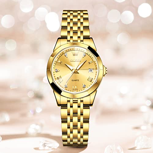 OLEVS Womens Watch Fashion Dress Diamond Female Watches for Ladies Analog Quartz Stainless Steel Waterproof Luminous Day Date Gold Two Tone Wristwatch