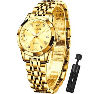 olevs womens watch fashion dress diamond female watches for ladies analog quartz stainless steel waterproof luminous day date gold two tone wristwatch