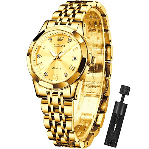 OLEVS Womens Watch Fashion Dress Diamond Female Watches for Ladies Analog Quartz Stainless Steel Waterproof Luminous Day Date Gold Two Tone Wristwatch