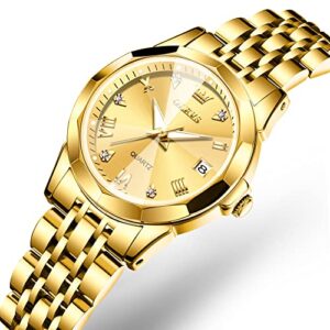 OLEVS Womens Watch Fashion Dress Diamond Female Watches for Ladies Analog Quartz Stainless Steel Waterproof Luminous Day Date Gold Two Tone Wristwatch