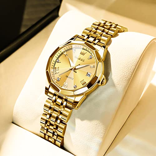 OLEVS Womens Watch Fashion Dress Diamond Female Watches for Ladies Analog Quartz Stainless Steel Waterproof Luminous Day Date Gold Two Tone Wristwatch