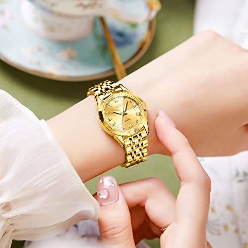 OLEVS Womens Watch Fashion Dress Diamond Female Watches for Ladies Analog Quartz Stainless Steel Waterproof Luminous Day Date Gold Two Tone Wristwatch