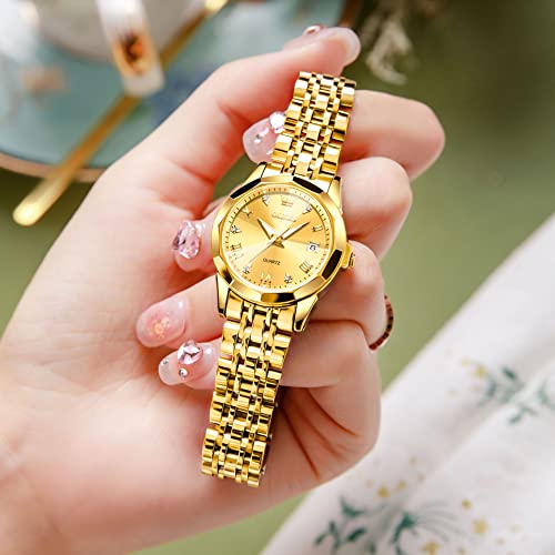 OLEVS Womens Watch Fashion Dress Diamond Female Watches for Ladies Analog Quartz Stainless Steel Waterproof Luminous Day Date Gold Two Tone Wristwatch