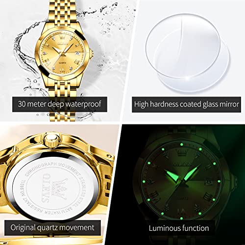 OLEVS Womens Watch Fashion Dress Diamond Female Watches for Ladies Analog Quartz Stainless Steel Waterproof Luminous Day Date Gold Two Tone Wristwatch