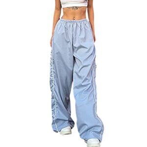 xeyine women's y2k baggy wide leg parachute pants street sports style cargo workwear (blue-l)