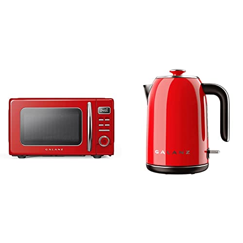 Galanz GLCMKZ07RDR07 Retro Countertop Microwave Oven.7 cu ft, Red & Galanz Retro Electric Kettle with Heat Resistant Handle and Cordless Pour, Automatic Shut-Off, 1.7 L, Red