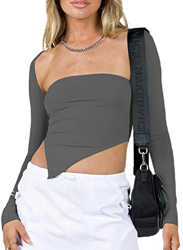 Y2k Tops Solid Cover Up Strapless Slim Fit Corset Cami Tank Top 2 Pieces Dark Grey X-Small