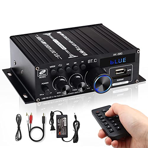 AK-380 Bluetooth Amplifier with Remote Control Function, 2.0 Bluetooth Amplifier Supports Bluetooth/USB/AUX/RCA Input and FM Radio Function (with 12V/5A DC Power Supply)