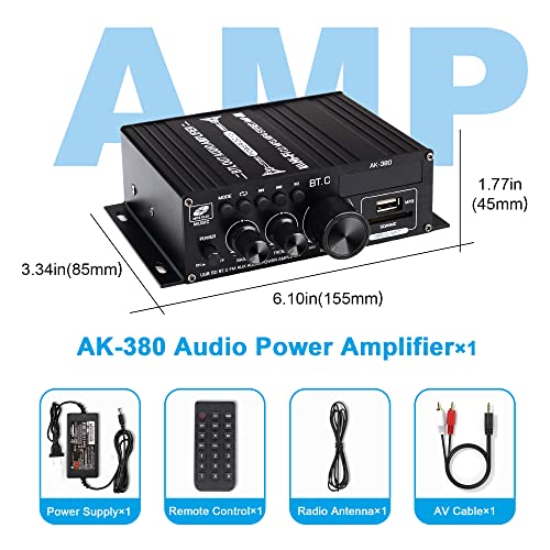 AK-380 Bluetooth Amplifier with Remote Control Function, 2.0 Bluetooth Amplifier Supports Bluetooth/USB/AUX/RCA Input and FM Radio Function (with 12V/5A DC Power Supply)