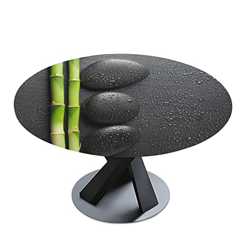 Poeticcity Black Zen Basalt Stones with Dew Green Bamboo on Dark Round Tablecloth with Elastic Edge, Washable Waterproof Table Cover Desk Cloth for Dining Indoor & Outdoor 40"-48" in Diameters