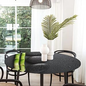 Poeticcity Black Zen Basalt Stones with Dew Green Bamboo on Dark Round Tablecloth with Elastic Edge, Washable Waterproof Table Cover Desk Cloth for Dining Indoor & Outdoor 40"-48" in Diameters