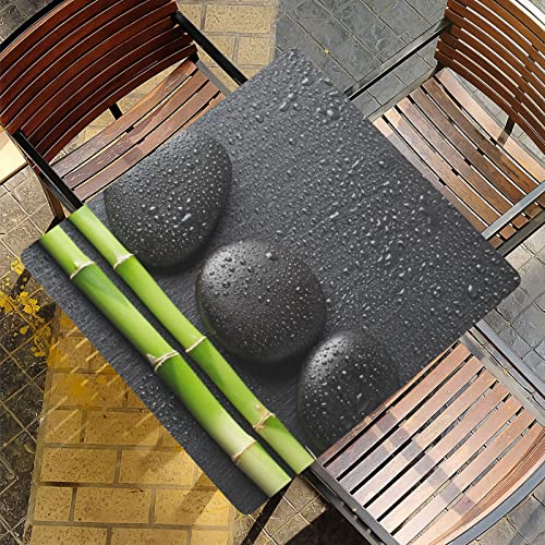 Poeticcity Black Zen Basalt Stones with Dew Green Bamboo on Dark Round Tablecloth with Elastic Edge, Washable Waterproof Table Cover Desk Cloth for Dining Indoor & Outdoor 40"-48" in Diameters