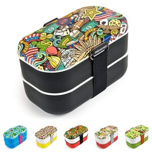 HÄMTMAT® [Upgraded Bento Lunch Box All-in-One: 2 Food Containers, Sauce Cup, Spoon+Fork+Chopsticks. 100% Leakproof Lids. Portable for Work, Lunch, Travel - American Comic Box Style