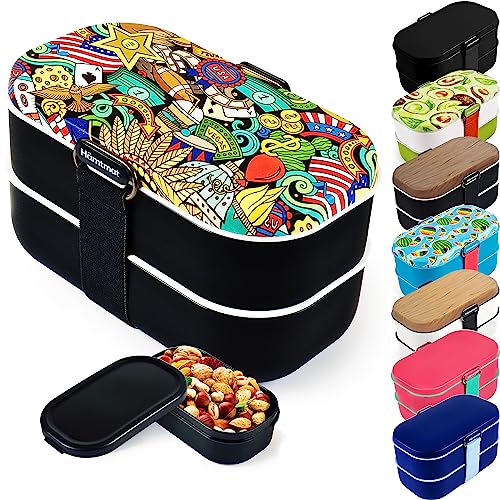 HÄMTMAT® [Upgraded Bento Lunch Box All-in-One: 2 Food Containers, Sauce Cup, Spoon+Fork+Chopsticks. 100% Leakproof Lids. Portable for Work, Lunch, Travel - American Comic Box Style