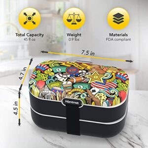 HÄMTMAT® [Upgraded Bento Lunch Box All-in-One: 2 Food Containers, Sauce Cup, Spoon+Fork+Chopsticks. 100% Leakproof Lids. Portable for Work, Lunch, Travel - American Comic Box Style