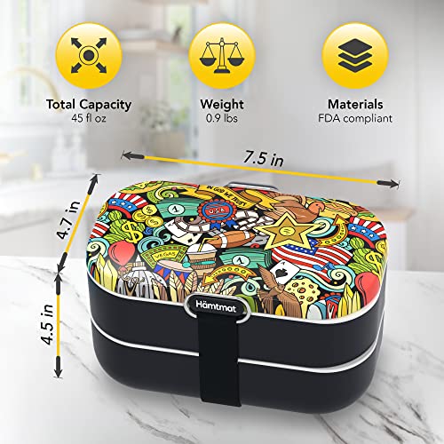 HÄMTMAT® [Upgraded Bento Lunch Box All-in-One: 2 Food Containers, Sauce Cup, Spoon+Fork+Chopsticks. 100% Leakproof Lids. Portable for Work, Lunch, Travel - American Comic Box Style