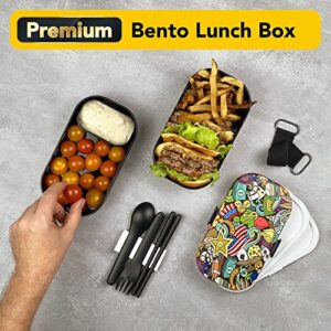 HÄMTMAT® [Upgraded Bento Lunch Box All-in-One: 2 Food Containers, Sauce Cup, Spoon+Fork+Chopsticks. 100% Leakproof Lids. Portable for Work, Lunch, Travel - American Comic Box Style