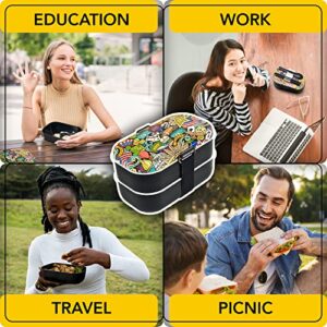 HÄMTMAT® [Upgraded Bento Lunch Box All-in-One: 2 Food Containers, Sauce Cup, Spoon+Fork+Chopsticks. 100% Leakproof Lids. Portable for Work, Lunch, Travel - American Comic Box Style