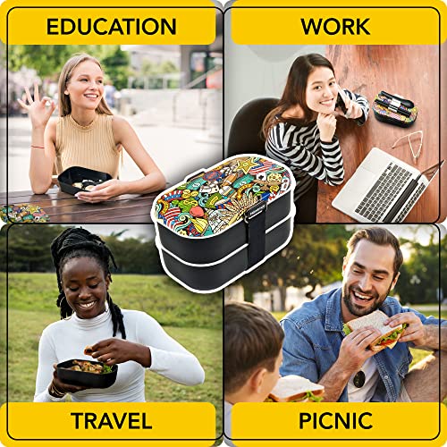 HÄMTMAT® [Upgraded Bento Lunch Box All-in-One: 2 Food Containers, Sauce Cup, Spoon+Fork+Chopsticks. 100% Leakproof Lids. Portable for Work, Lunch, Travel - American Comic Box Style