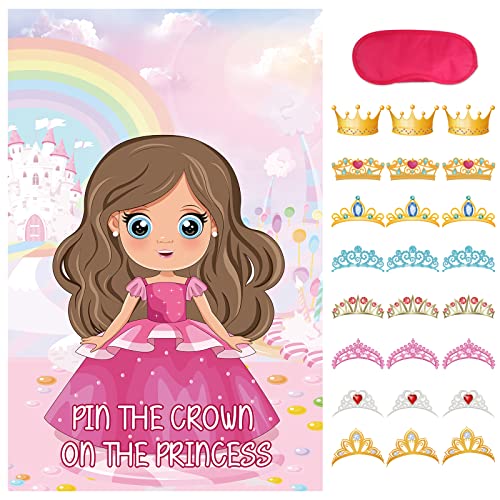 Pin The Crown on The Princess Party Games for Kids Girls Princess Birthday Party Supplies Pin The Tail Game Princess Tea Party Decorations, Large Princess Poster with 24 Crown Stickers