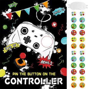 gamer video game birthday games - pin the button on the controller party game for boys kids gaming party decorations supplies 21’’ x 28’’ poster with 24 button stickers board game on party favors