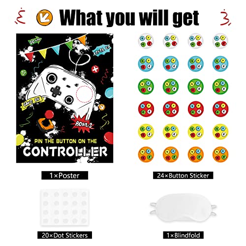 Gamer Video Game Birthday Games - Pin The Button On The Controller Party Game for Boys Kids Gaming Party Decorations Supplies 21’’ X 28’’ Poster with 24 Button Stickers Board Game on Party Favors