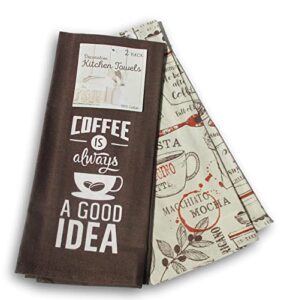 the spring shop decorative 100% cotton kitchen tea towel set - 2 count - 15 x 25 inches (coffee is a good idea/kitchen details)