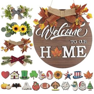 interchangeable welcome sign for front door : welcome sign for front porch with 4 seasonal wreaths and 20 interchangeable holiday icons, rustic welcome home sign for front door decoration