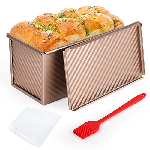 Cyimi Pullman Loaf Pan with Lid Non-Stick Bread Toast Mold with Cover Carbon Steel Corrugated Bread Pan for Oven Baking 1lb Dough Capacity Bread Tin with Dough Scraper Cutter & Oil Brush